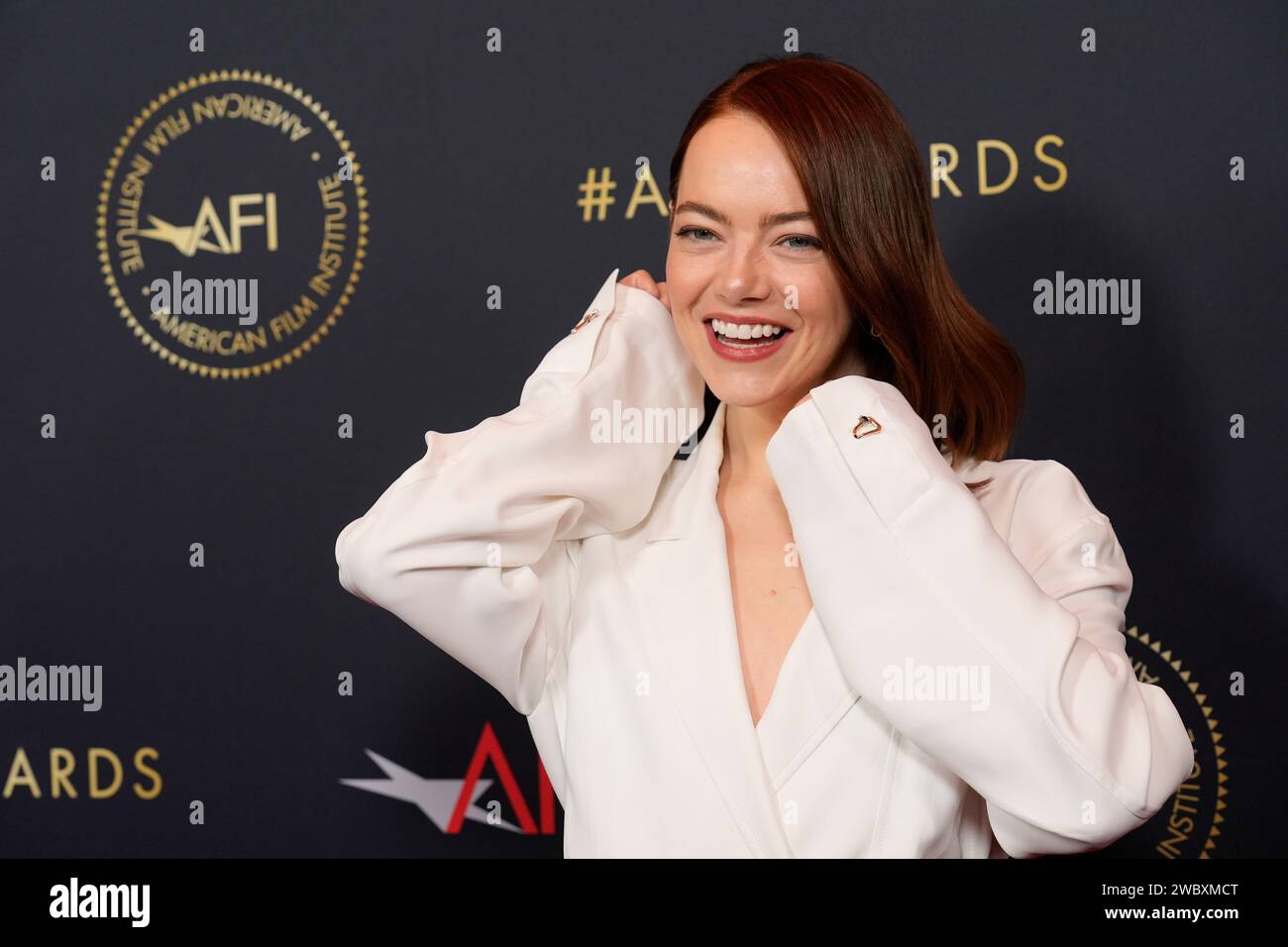 Emma Stone arrives at the AFI Awards on Friday, Jan. 12, 2024, at the ...