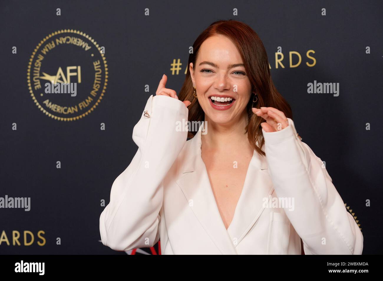 Emma Stone arrives at the AFI Awards on Friday, Jan. 12, 2024, at the ...