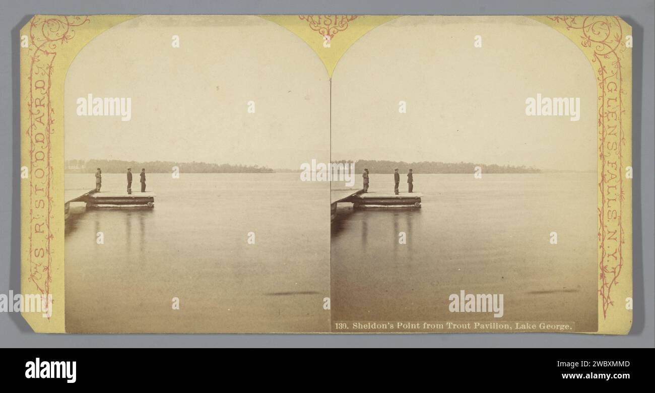 Three men on Sheldon Point overlook Lake George, seen from Trout Pavillion, Seneca Ray Stoddard ...