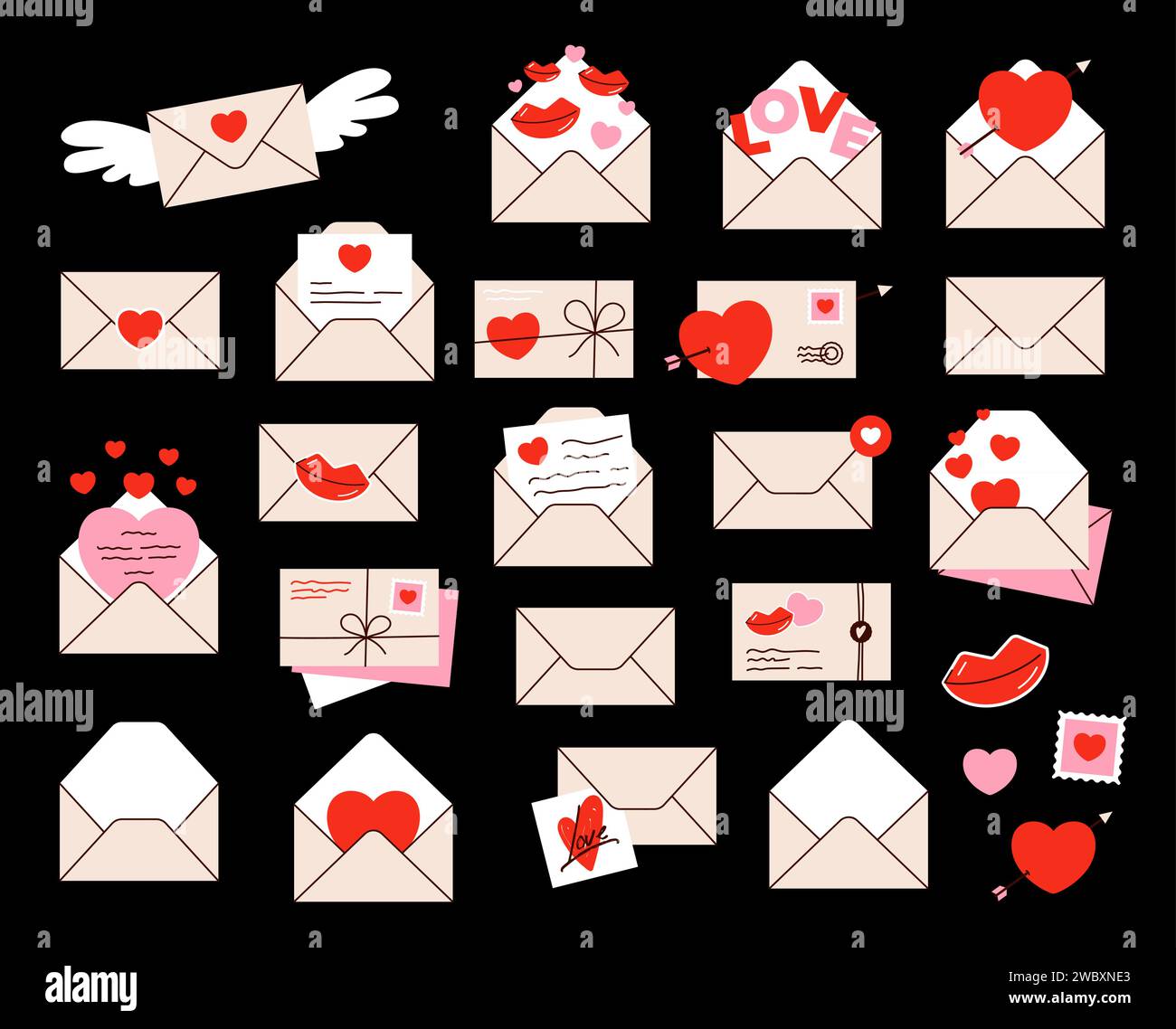 love letter envelope illustration set. Valentines day minimal love ...