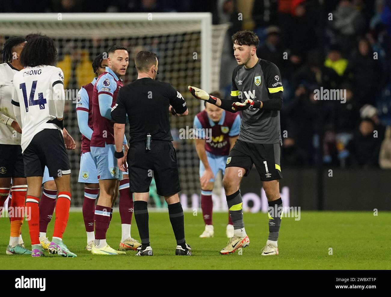 Burnley goalkeeper James Trafford appeals to referee Tony Harrington ...