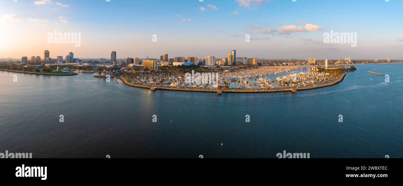 Aerial panoramic view of the Long Beach coastline, harbour, skyline and ...