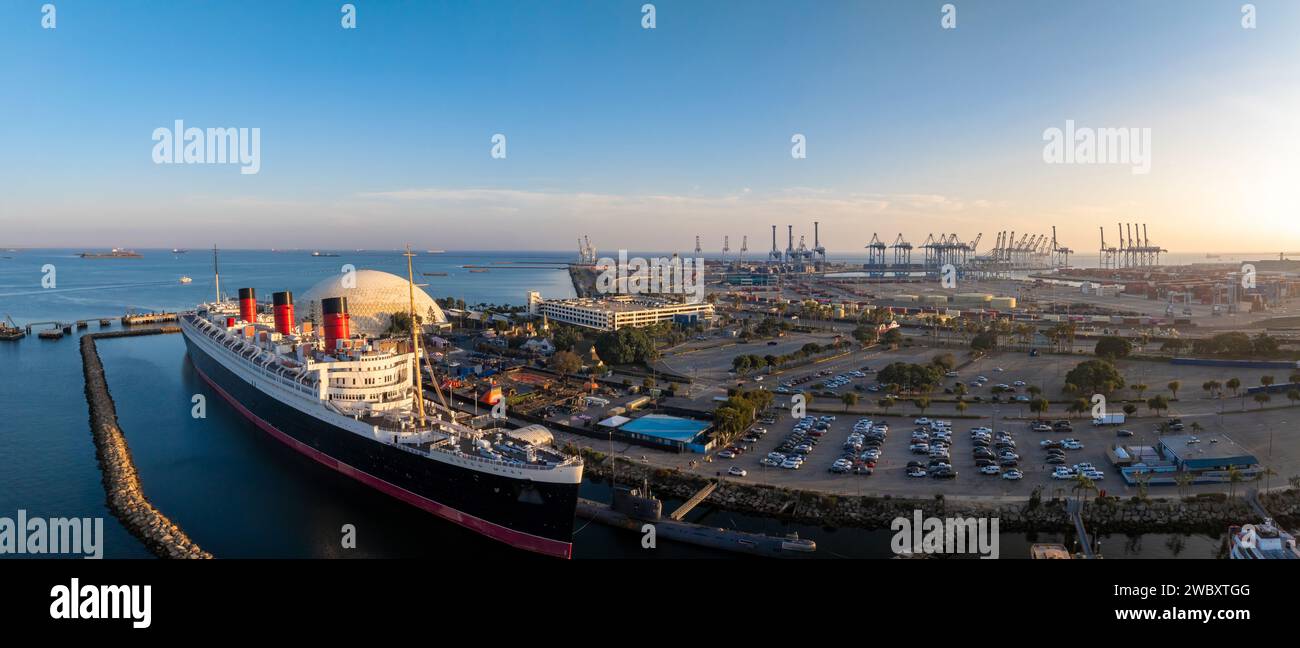 Aerial view of RMS Queen Mary ocean liner, Long Beach, CA Stock Photo ...
