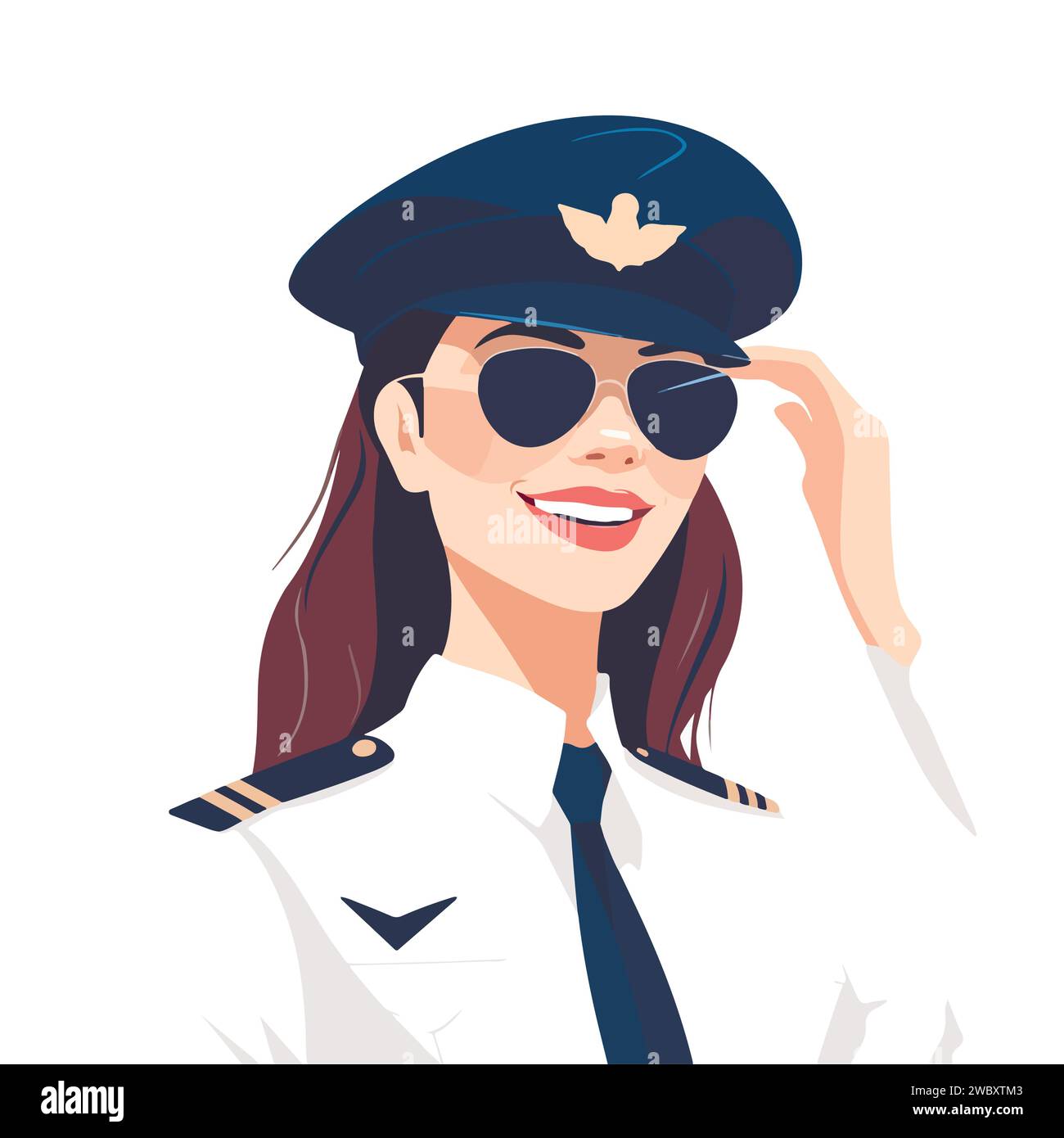 Smiling young woman pilot. Captain of passenger plane. Isolated flat ...