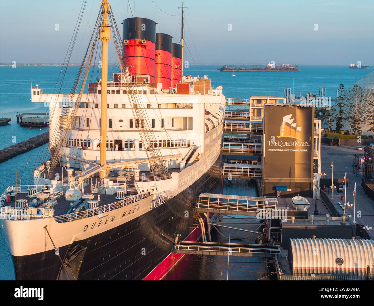 Aerial view of RMS Queen Mary ocean liner, Long Beach, CA Stock Photo ...