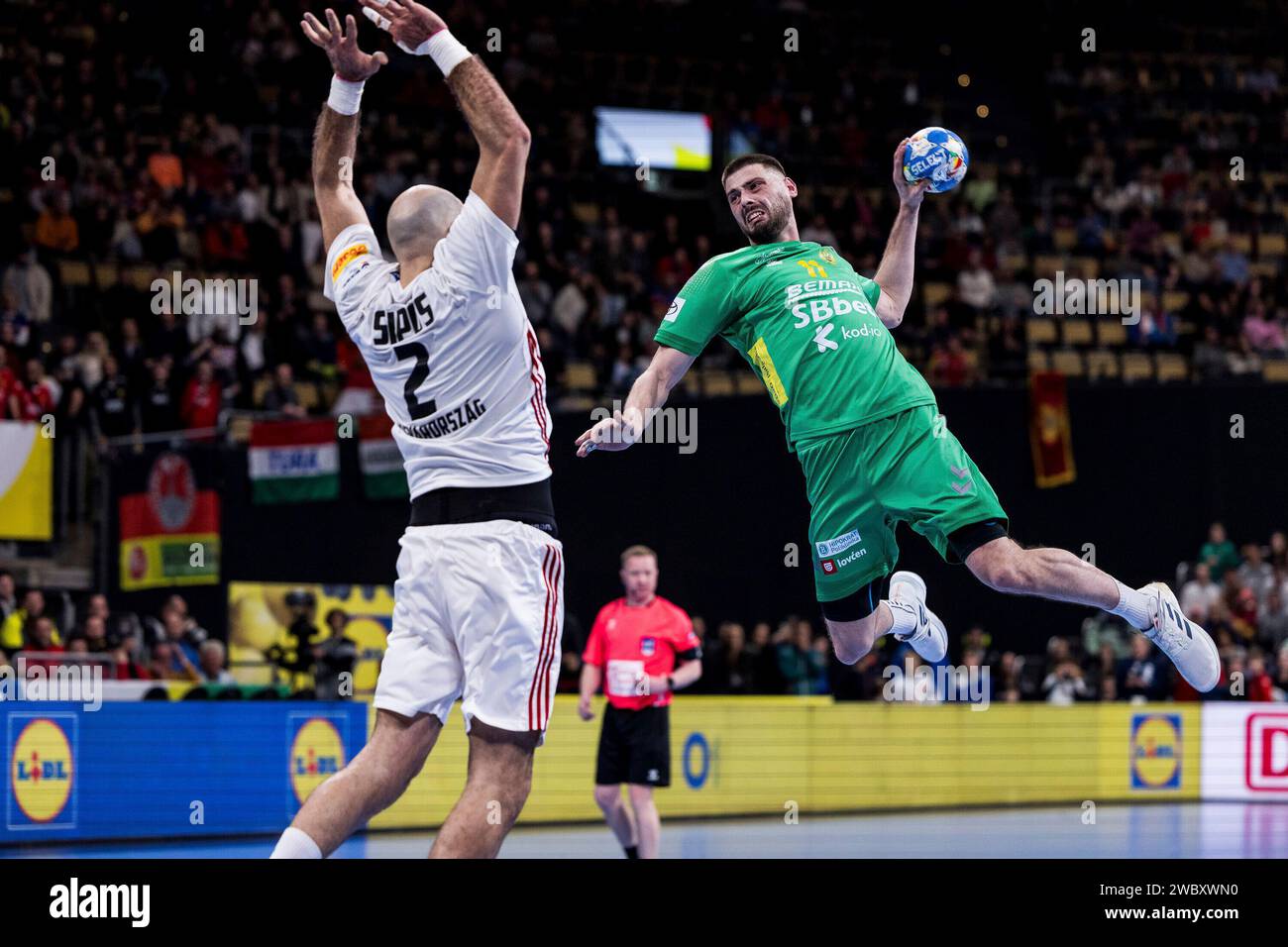 Adrian Sipos (Ungarn, #2), Branko Vujovic (Montenegro, #11) im Wurf MEN ...