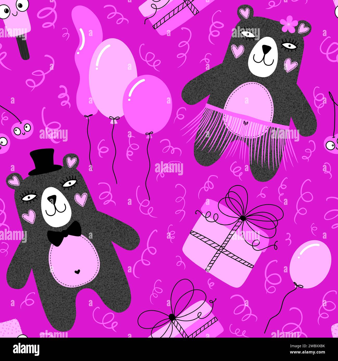 Birthday party cartoon animals seamless bears and balloons and gift ...