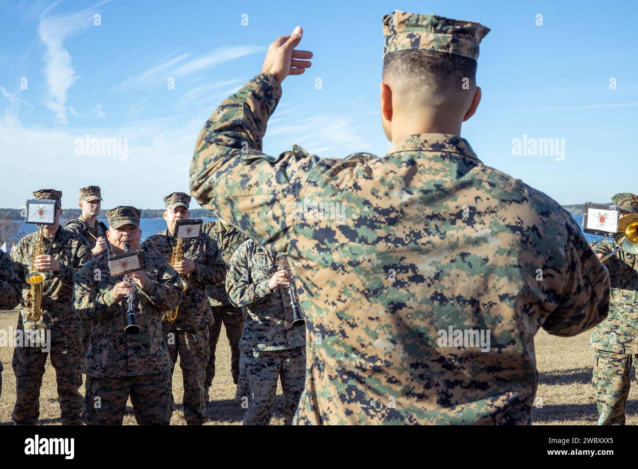 U.S. Marines with the 2nd Marine Division band perform during a change ...