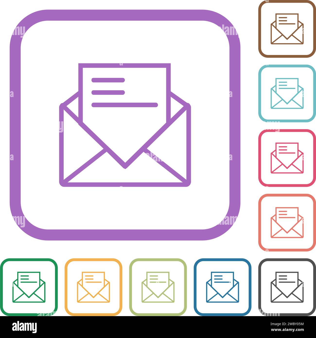 Open mail with letter outline simple icons in color rounded square frames on white background ...