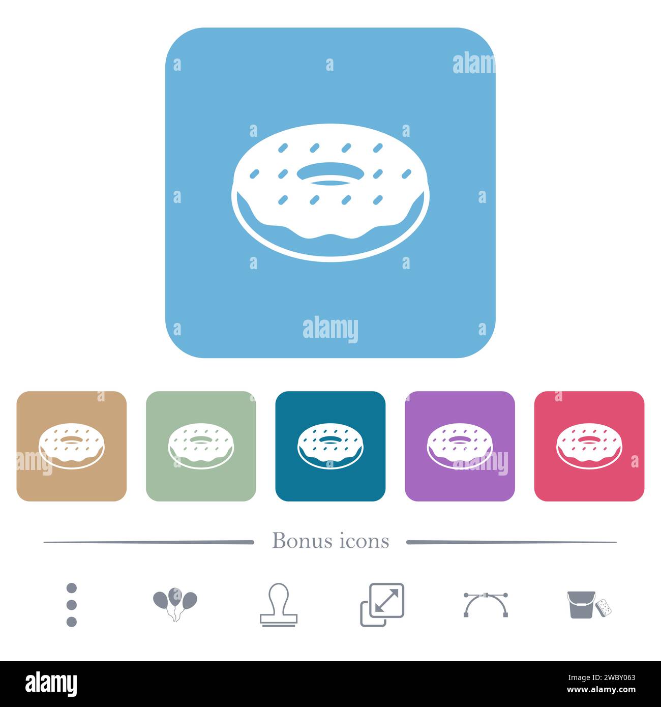 Donut white flat icons on color rounded square backgrounds. 6 bonus ...
