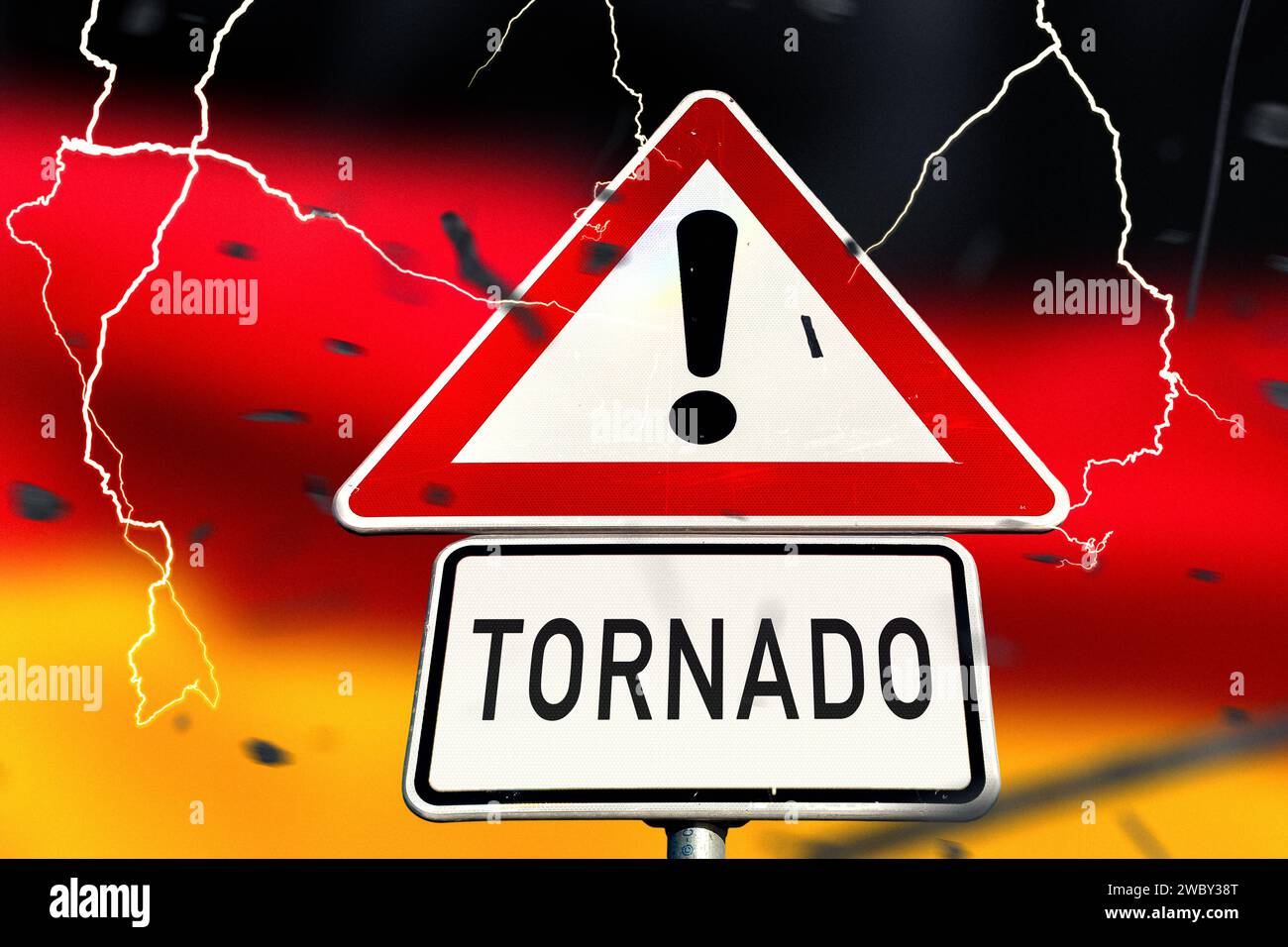 12 January 2024: Tornado warning sign in front of Germany country flag ...