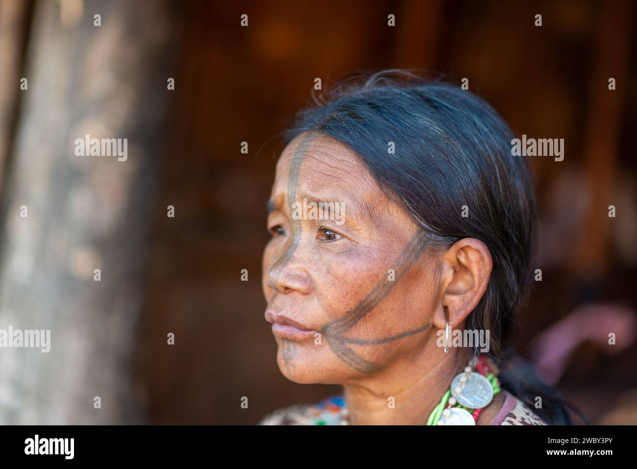 Portrait of a Ollo Nocte old woman with facial tattooes, Lazu village ...