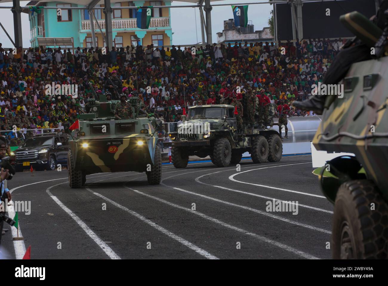 Zanzibar, Tanzania. 12th Jan, 2024. Armored vehicles move during a ...