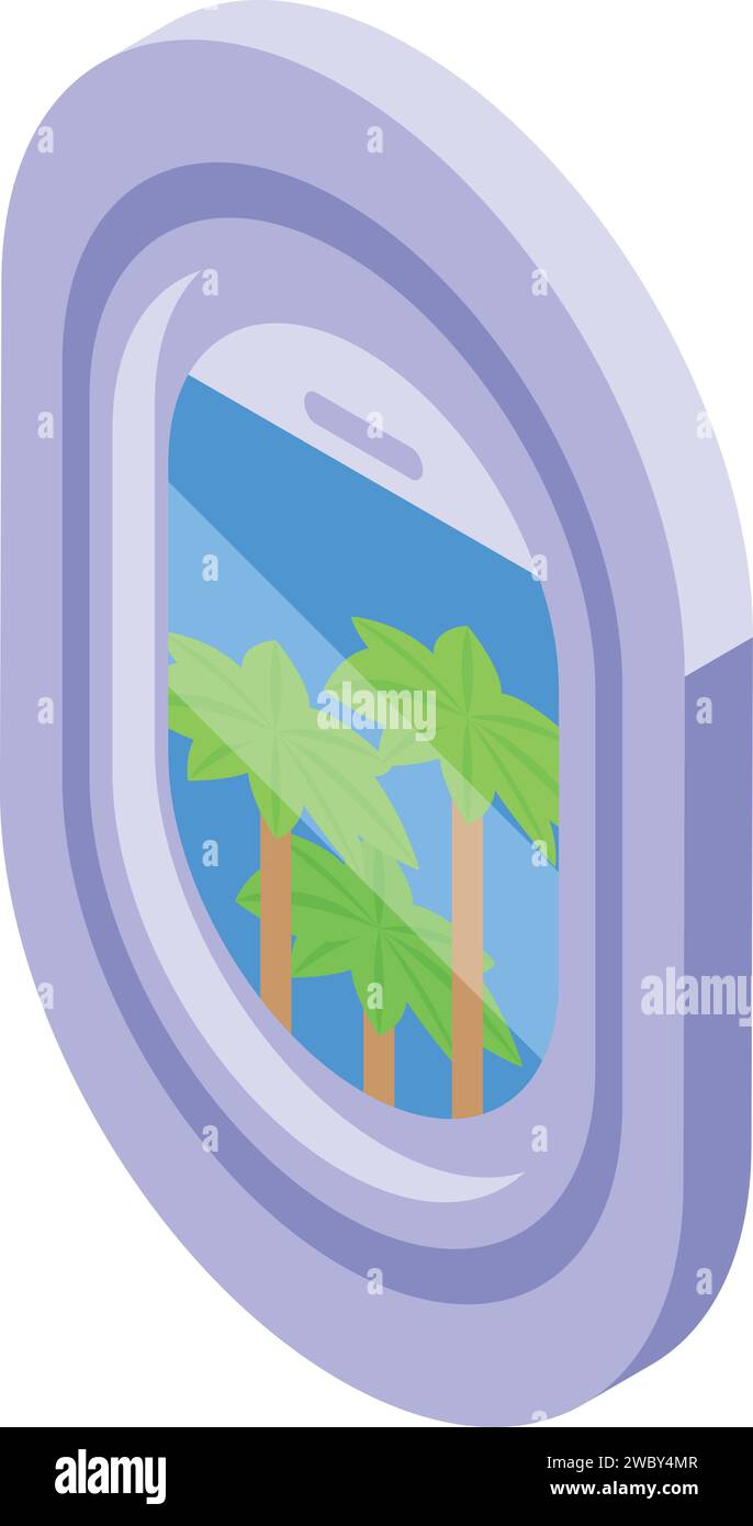 Airplane window over jungle icon isometric vector. Palm trees. View ...