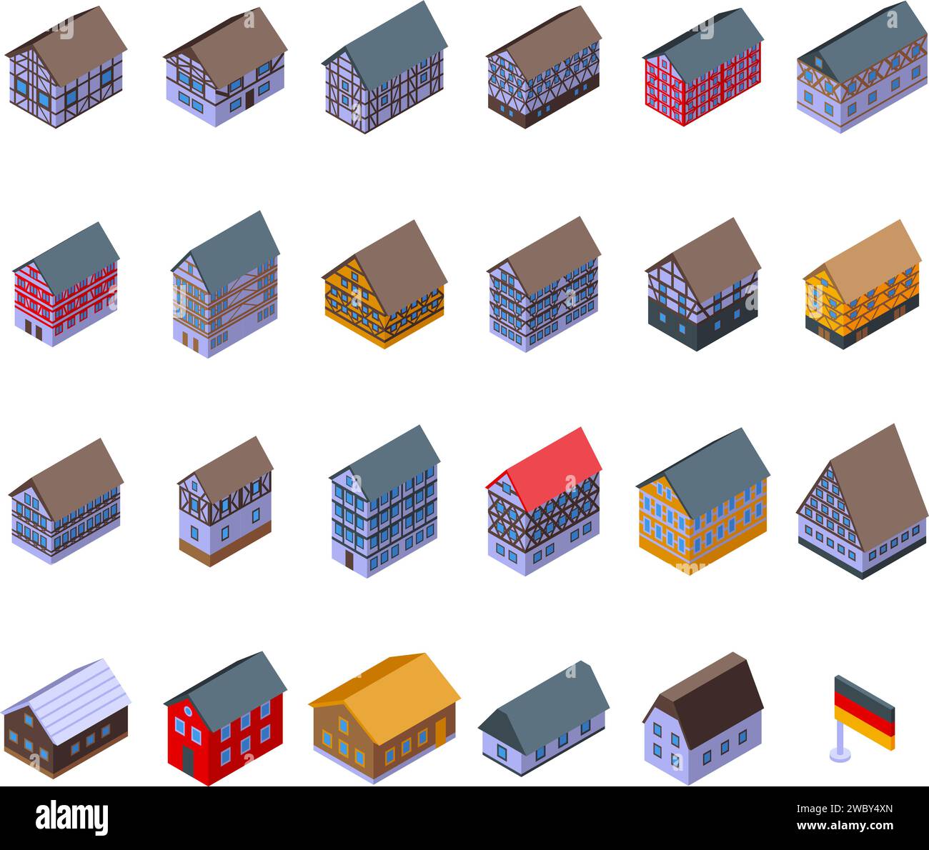 Traditional german houses icons set isometric vector. Old village ...