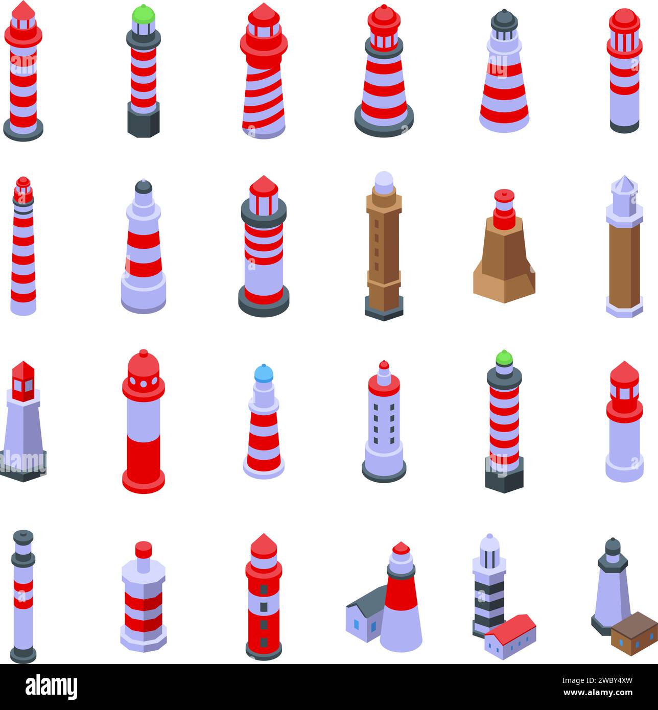 Beacon tower cliff icons set isometric vector. Rock lighthouse. Ocean light Stock Vector Image ...