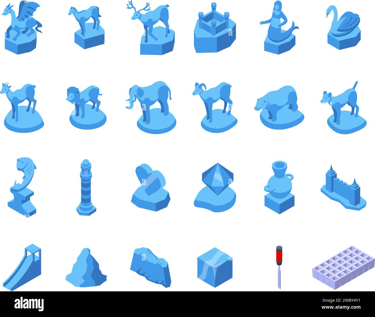 Ice sculpture icons set isometric vector. Animals mermaid. Medieval ...
