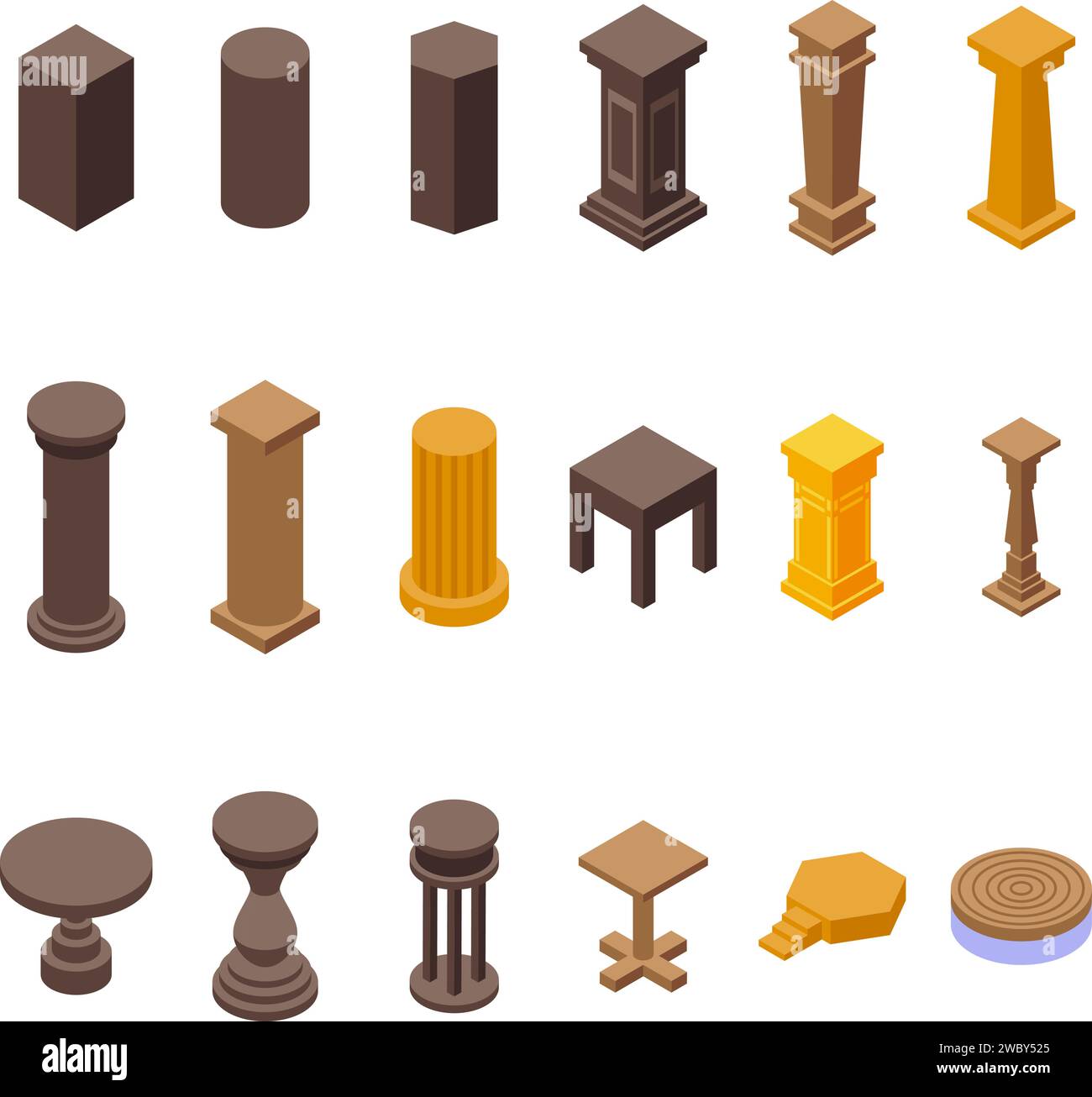 Wooden pedestal icons set isometric vector. Stage product. Display ...