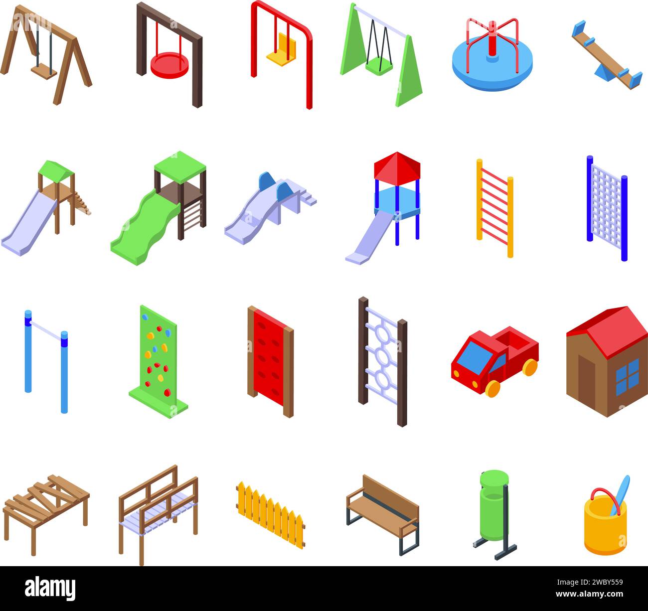 Kindergarten outdoor recreation area icons set isometric vector ...