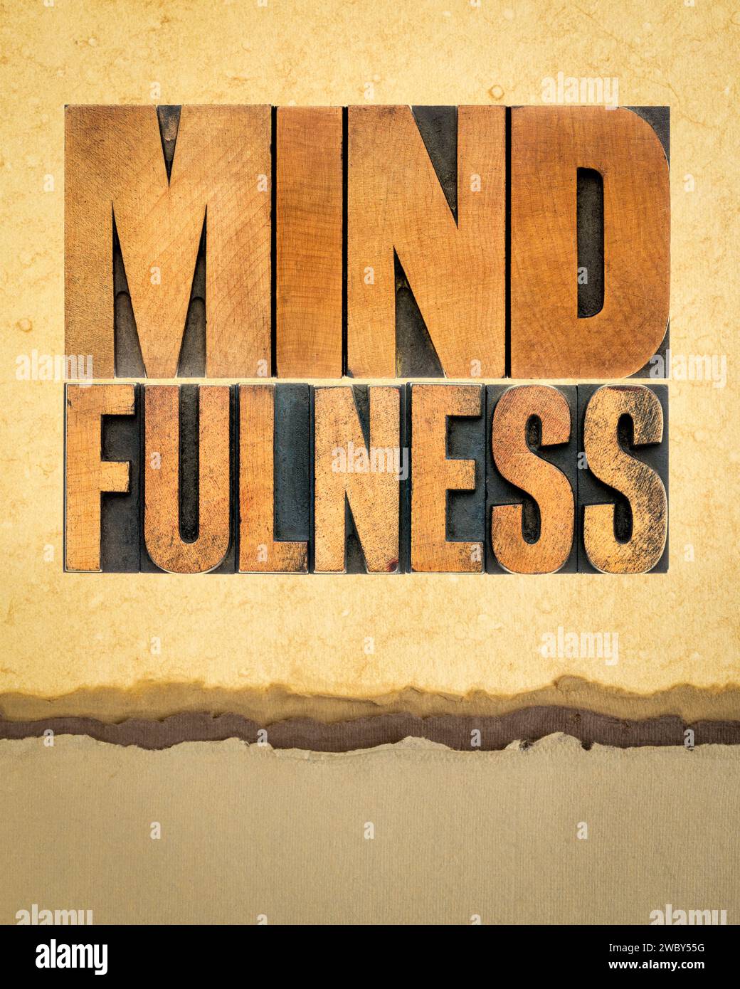 mindfulness word abstract - awareness concept - text in letterpress ...