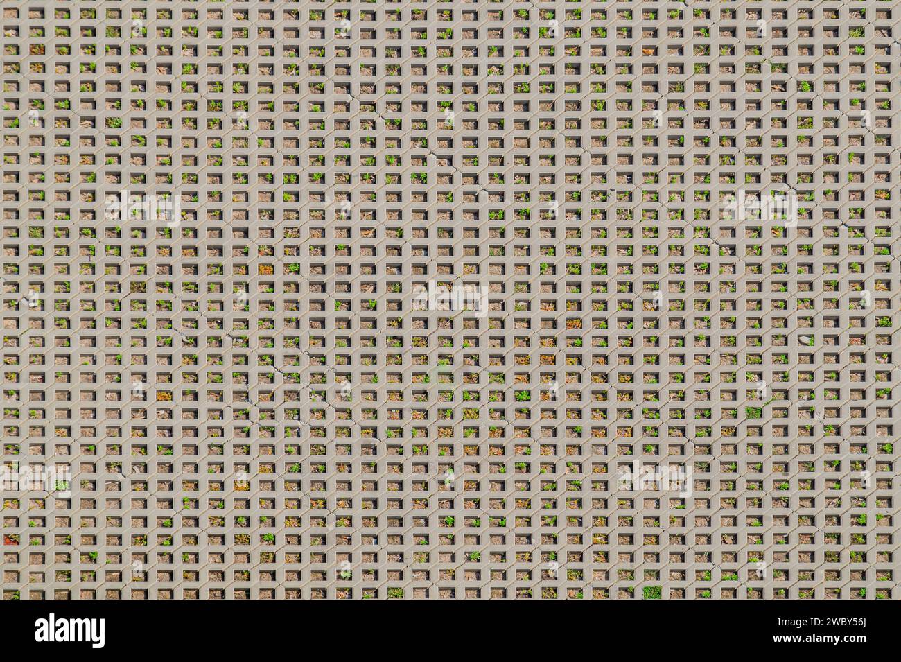 parking lot with permeable surface of concrete tiles joints filled with ...