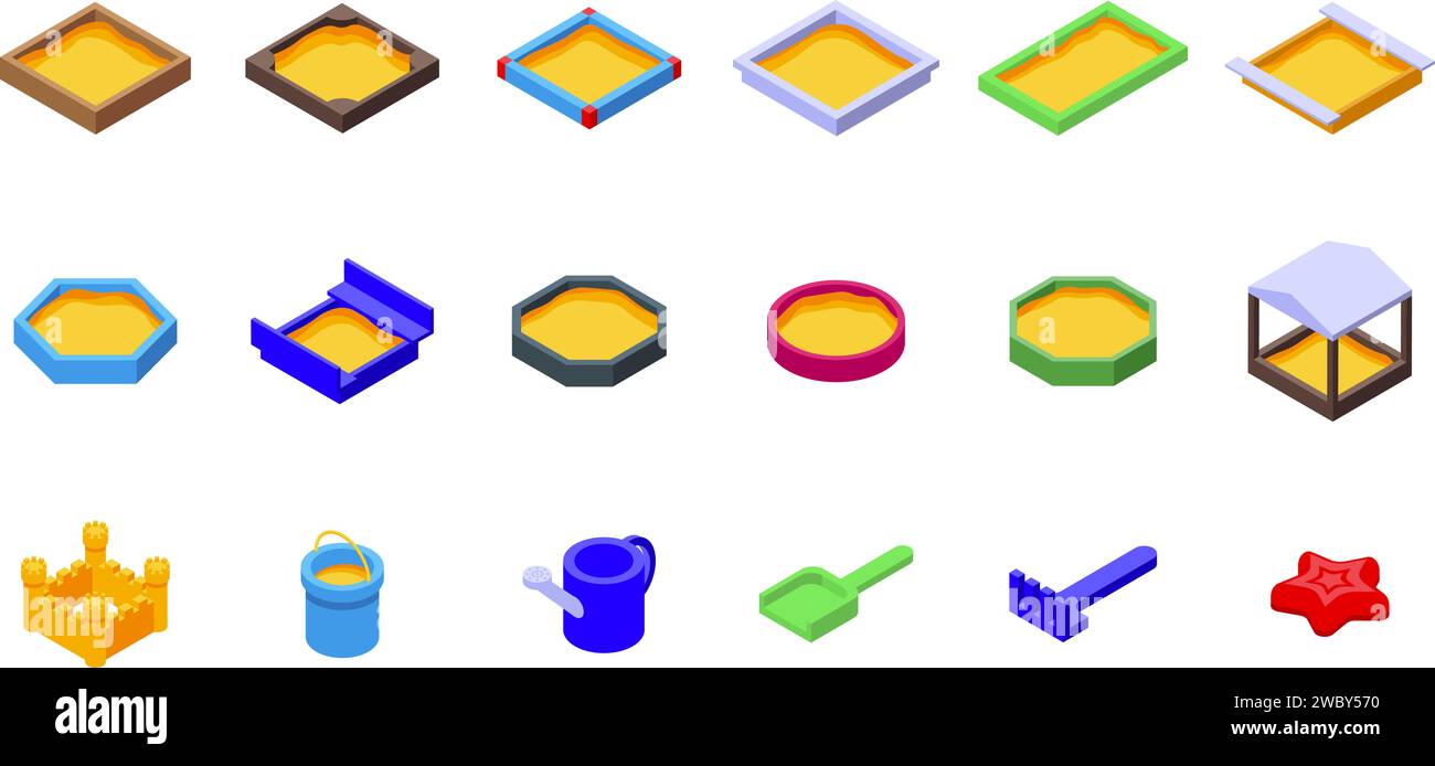 Sandbox icons set isometric vector. Toy kid coin. Bucket children Stock ...