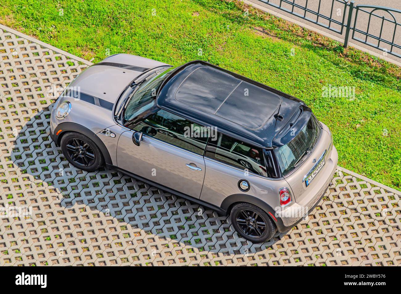 Grey hatchback Mini Cooper in the city parking lot. Kharkiv, Ukraine 07 ...