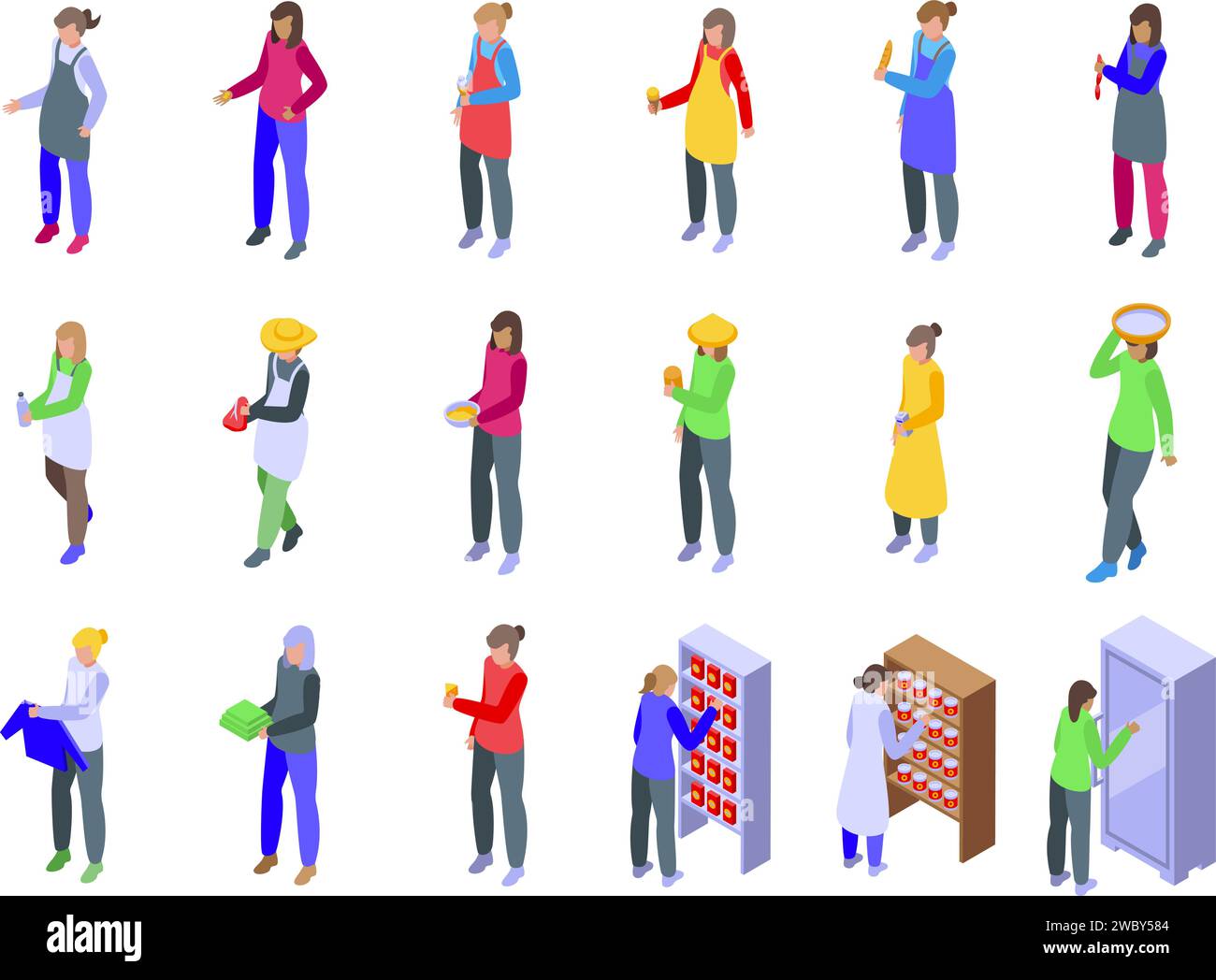 Girl vendor icons set isometric vector. Seller street city. Counter ...