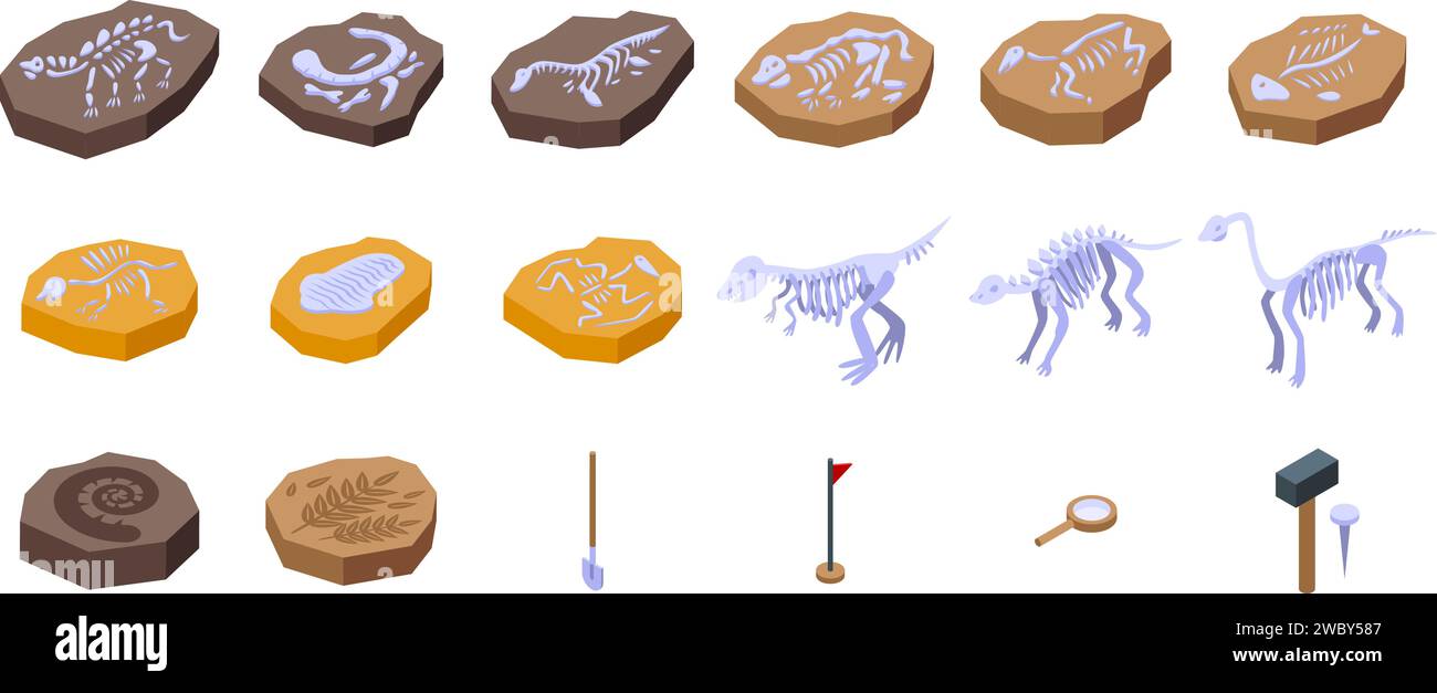 Dinosaur skeleton icons set isometric vector. Fossil museum ancient ... Dinosaur skeleton icons set isometric vector. Fossil museum ancient ...