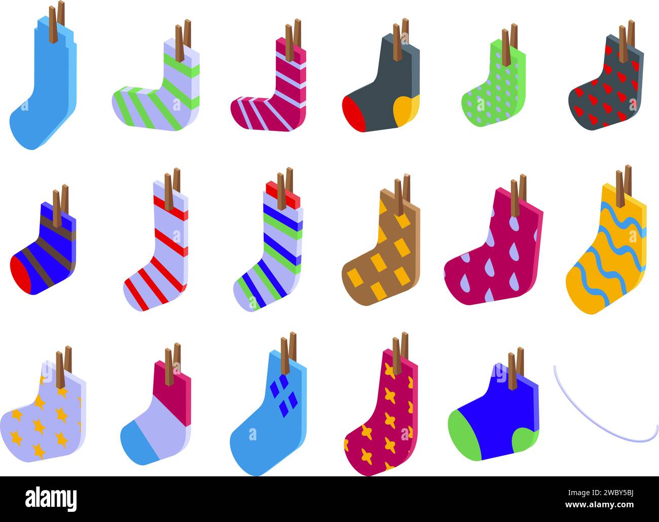 Clothesline sock icons set isometric vector. Drying rope pair. Hanging ...