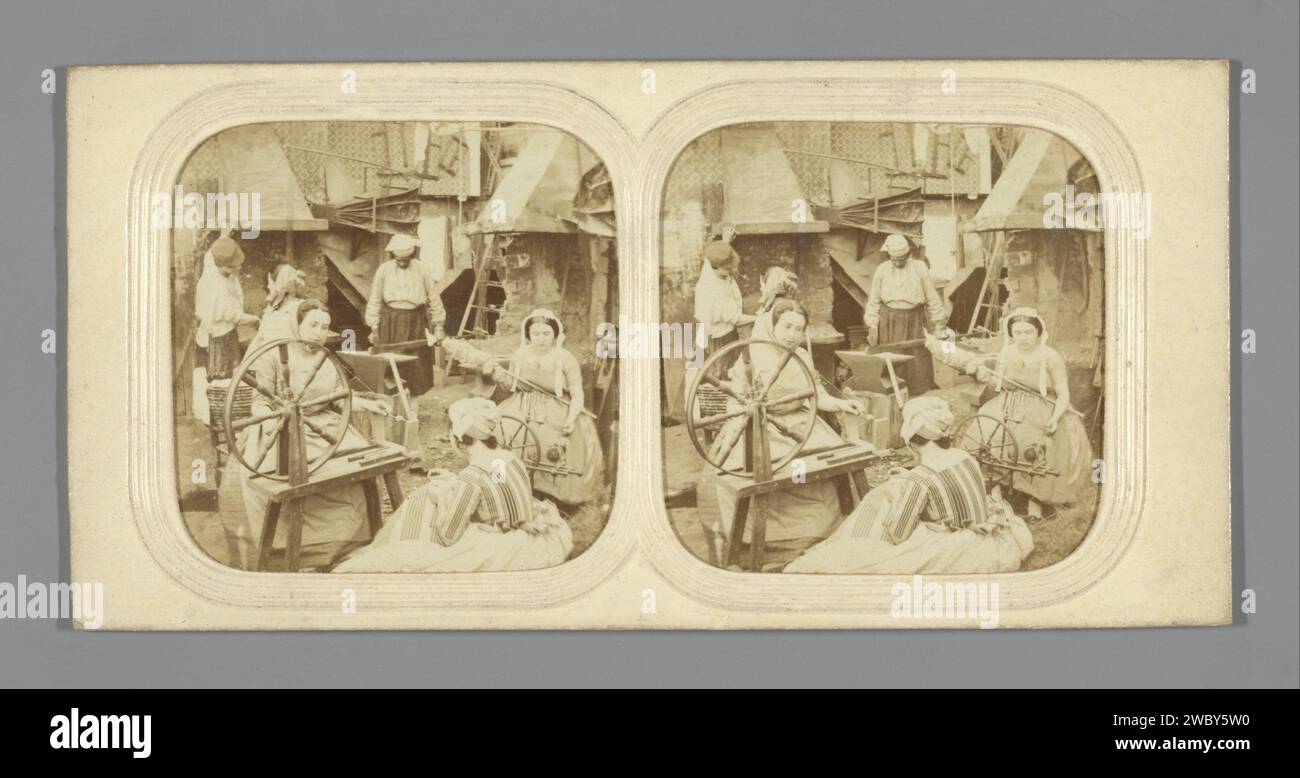 Scene in workshop: two men on blacksmith, three women on spinning wheel, anonymous, 1855 - 1875 ...