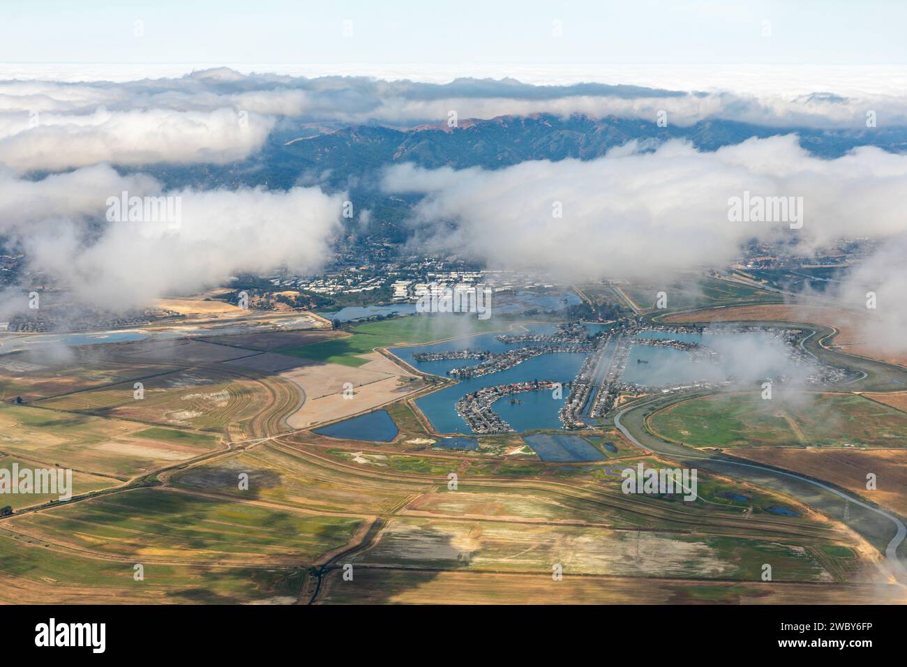 Aerial view of patterns of agricultural fields and Bel Marin Keys in ...