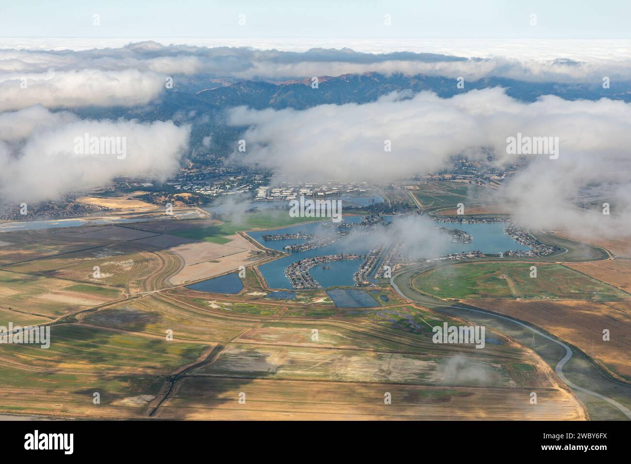 Aerial view of patterns of agricultural fields and Bel Marin Keys in ...