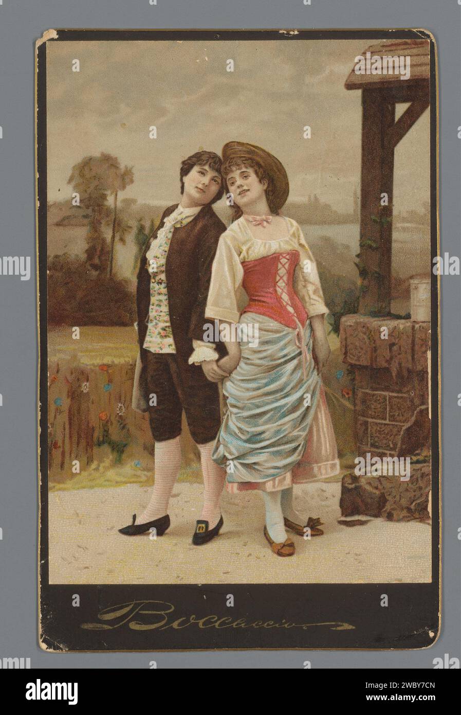 Reproduction of a painting by a couple at a well, c. 1870 - c. 1920 ...