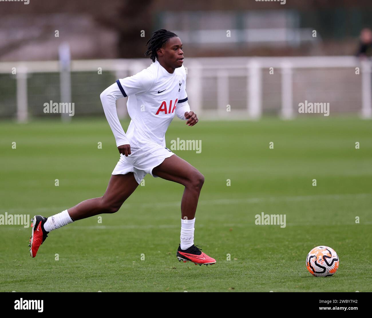 Enfield, UK. 12th Jan, 2024. Callum Olusesi of Tottenham Hotspur U18 ...