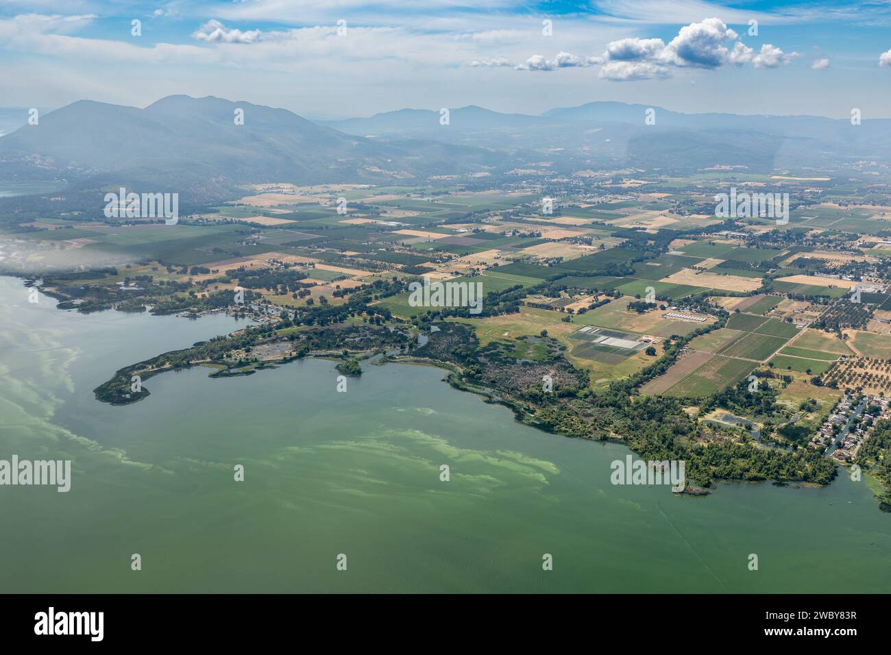 Aerial view of the polluted green waters of Clear Lake and the ...