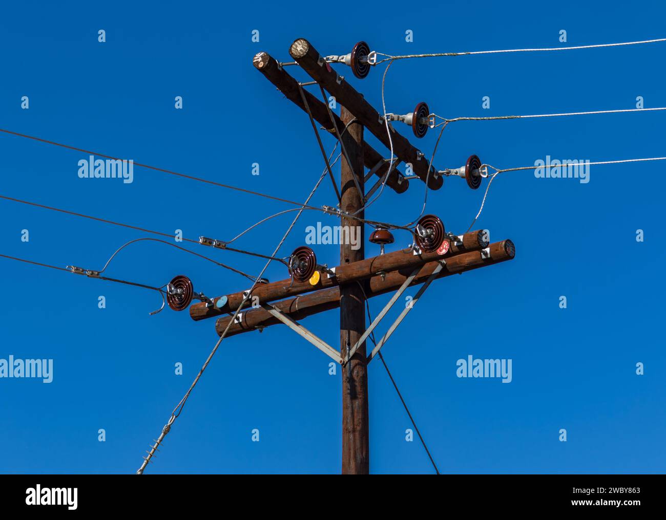 wooden pole electric wires and ceramic insulators Stock Photo - Alamy