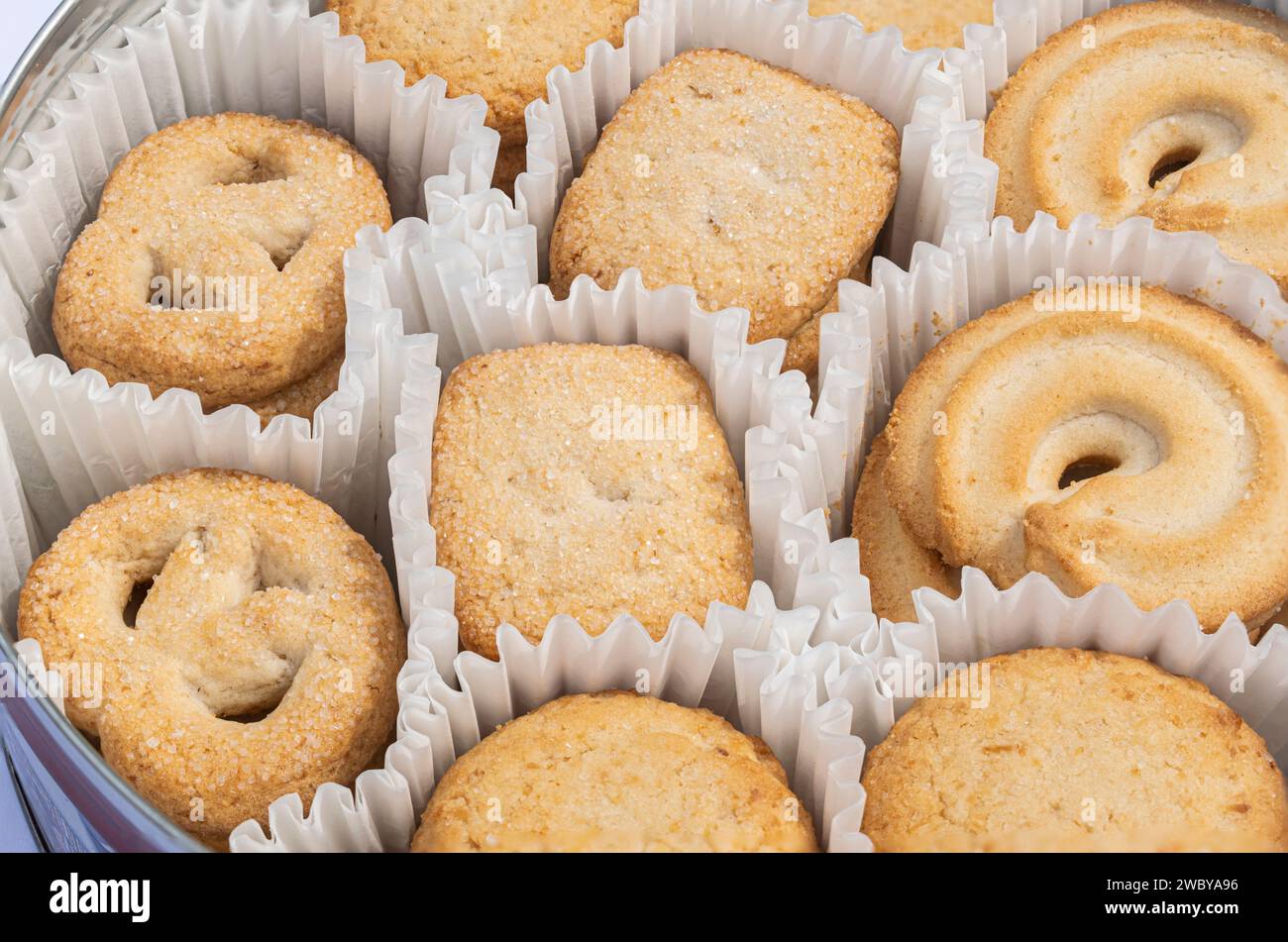 Close-up of Danish sweet biscuits. You can see the texture of the sugar ...