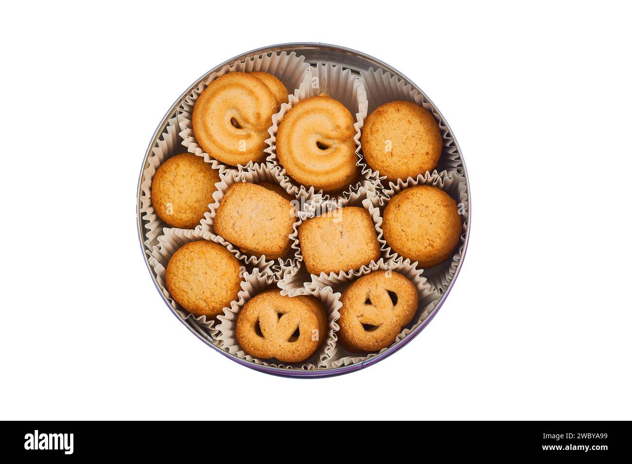 Traditional Danish cookies in a circular metal box Stock Photo - Alamy