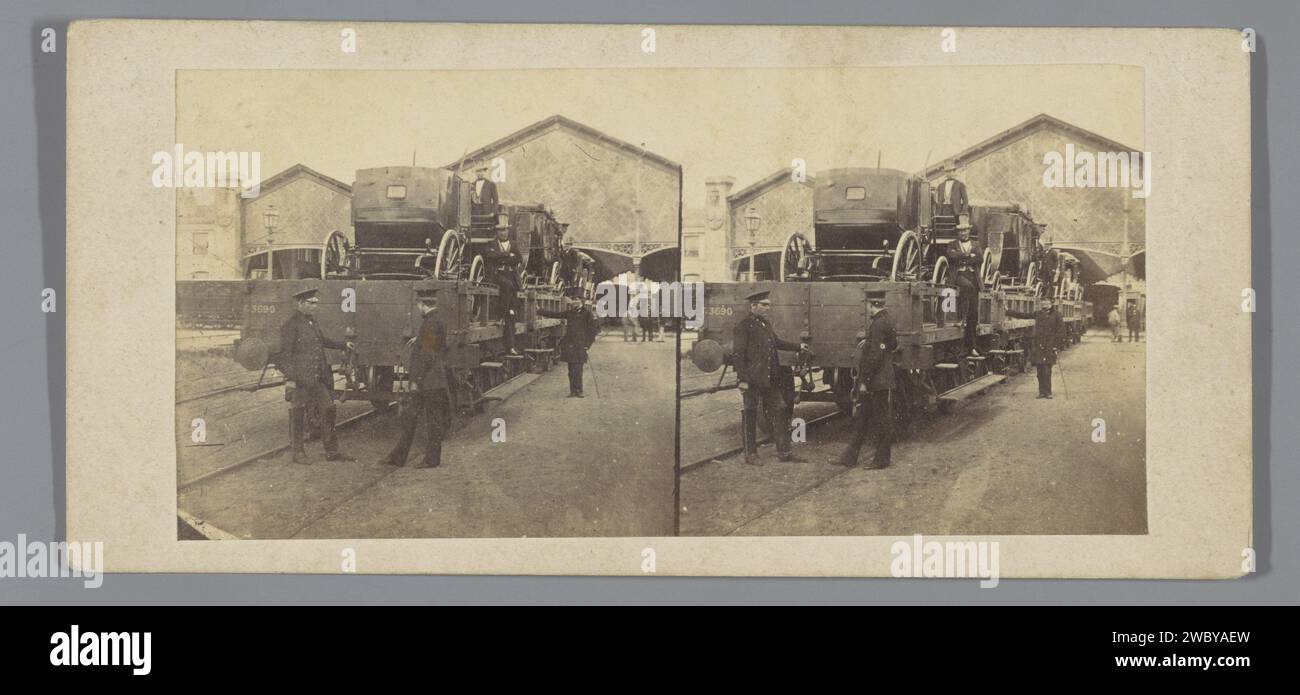 Men pose on and for a train wagon with carriages, Anonymous, 1851 ...