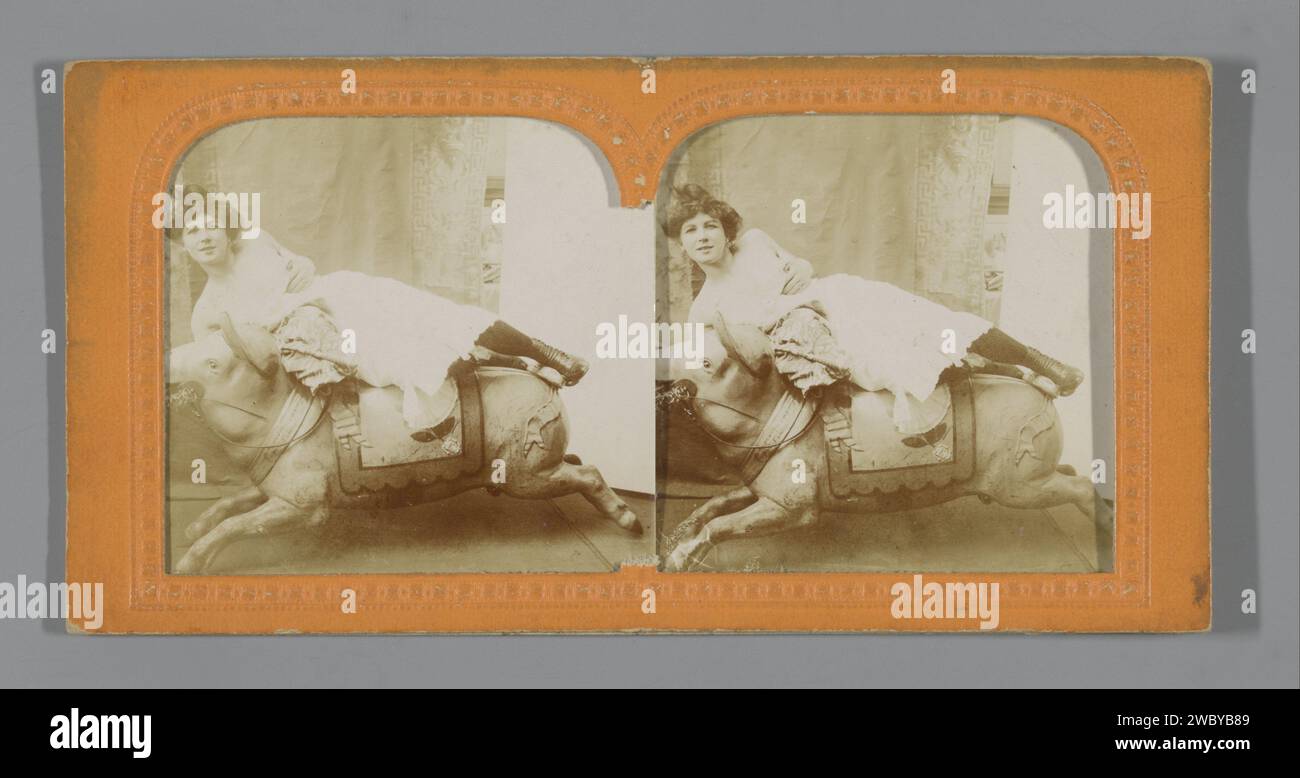 Young woman on fairground bull, Anonymous, 1880 - 1905 tissue stereograph baryta paper. paper ...