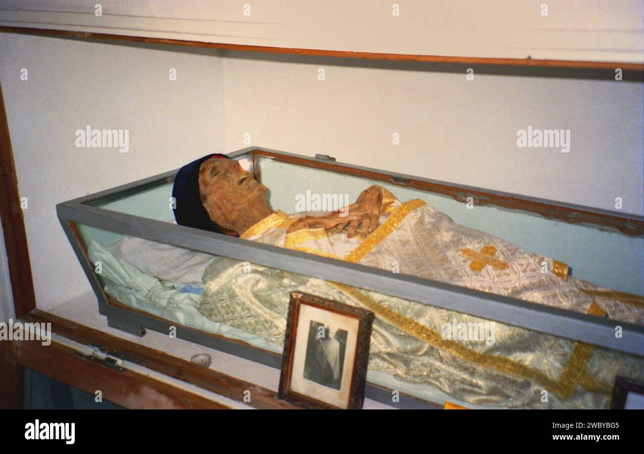 Bucharest, Romania, 1999. The reliquary of Saint Ilie Lacatusu, who ...
