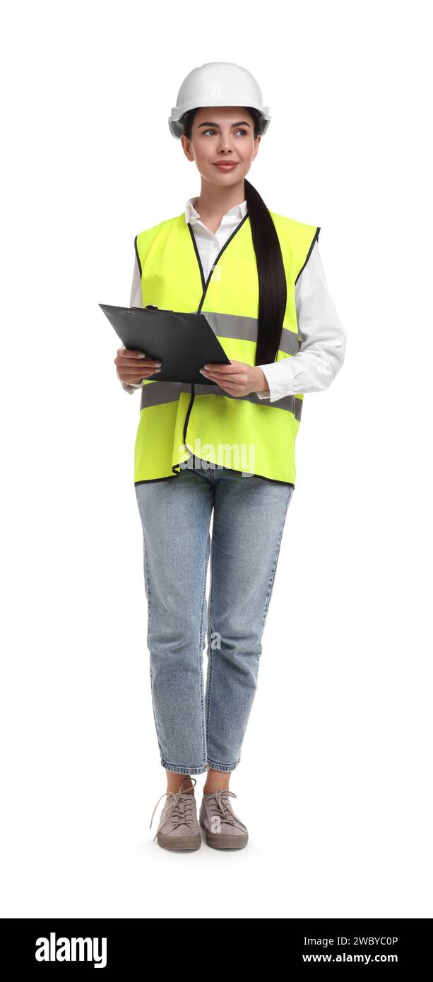 Engineer in hard hat holding clipboard on white background Stock Photo ...