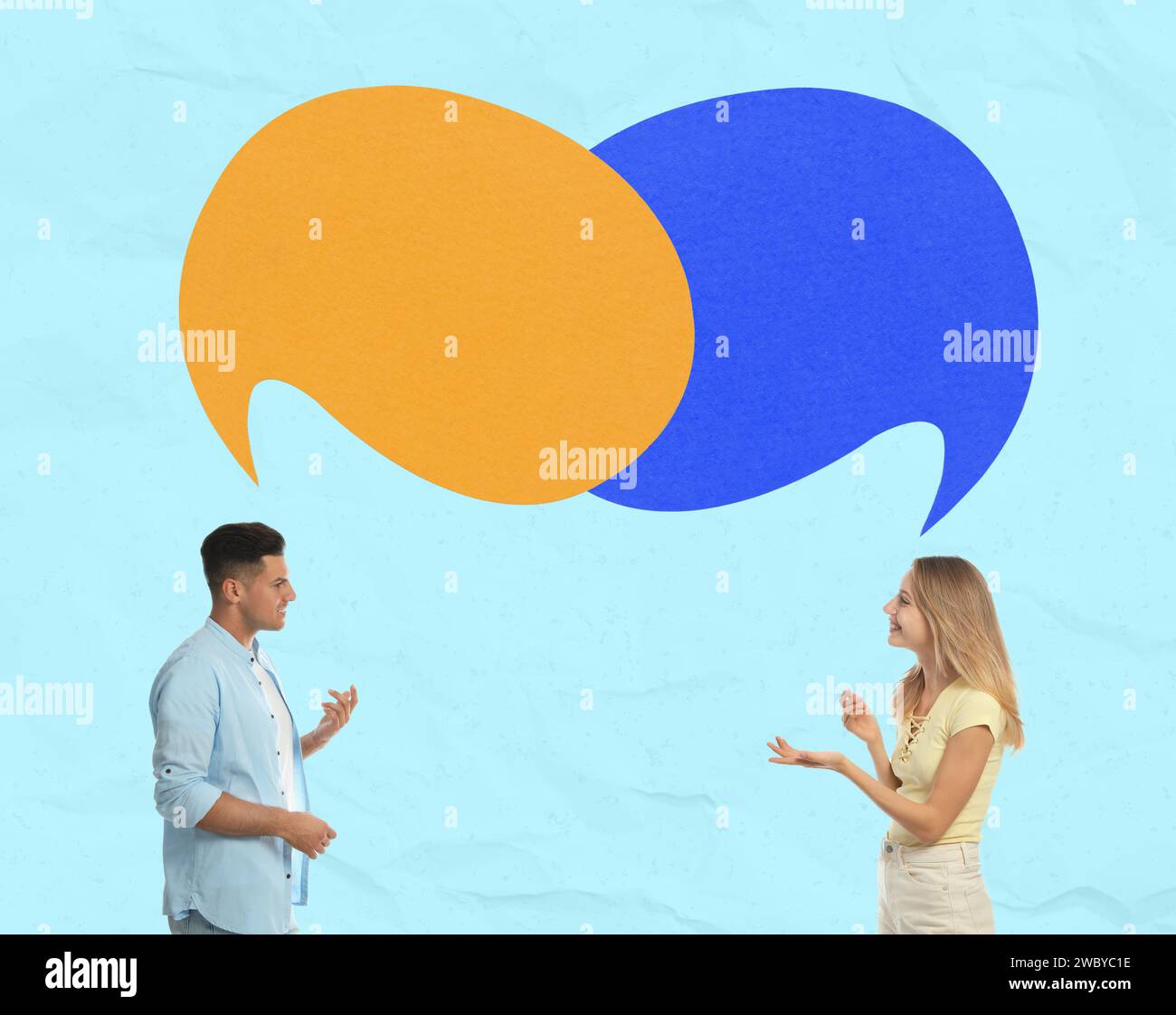 Dialogue. Man and woman with speech bubbles above them on light blue ...