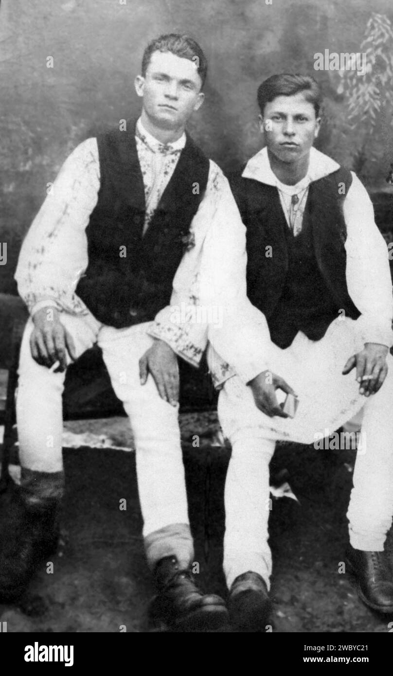Young men from Vrancea County, Romania, wearing traditional costumes ...