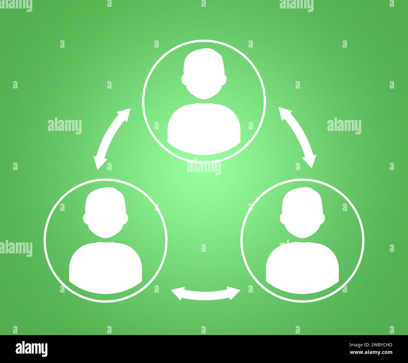 Human icons connected with double arrows on green background ...