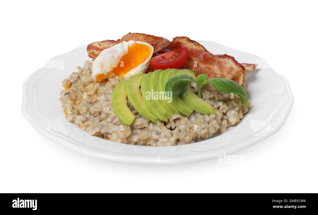 Delicious boiled oatmeal with egg, bacon, tomato and avocado isolated ...