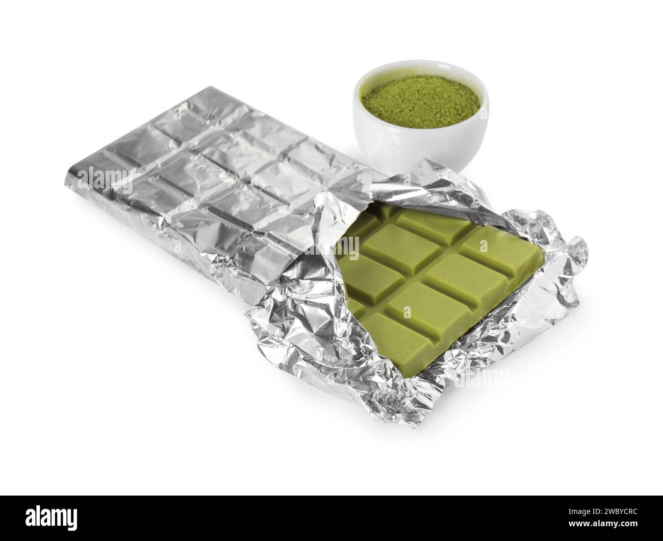 Tasty matcha chocolate bar wrapped in foil and powder isolated on white ...