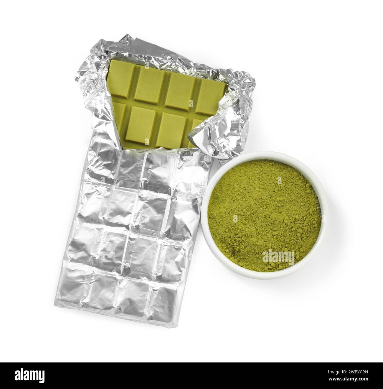 Tasty matcha chocolate bar wrapped in foil and powder isolated on white ...