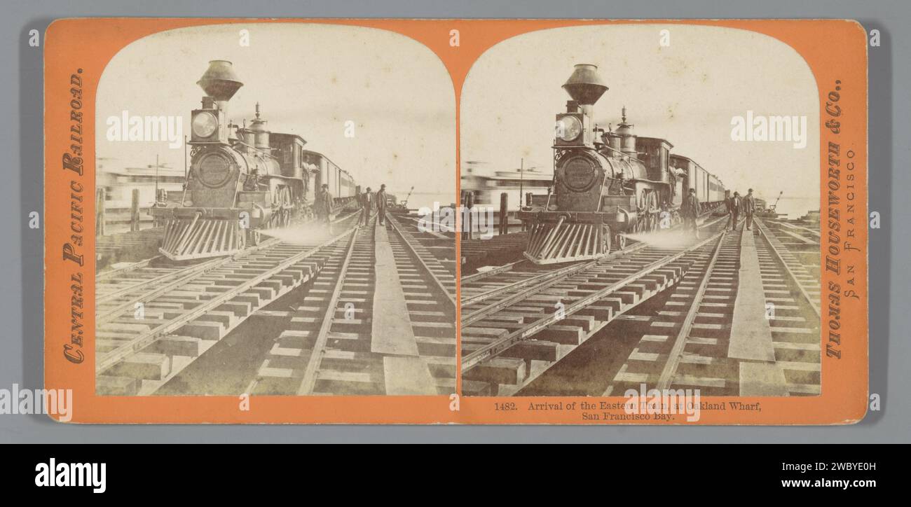 Arrival of the transcontinental train on Oakland Wharf, on the bay of ...